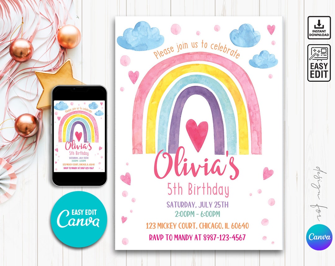 Editable Rainbow Invitation, Rainbow Invitation, Rainbow Template ...