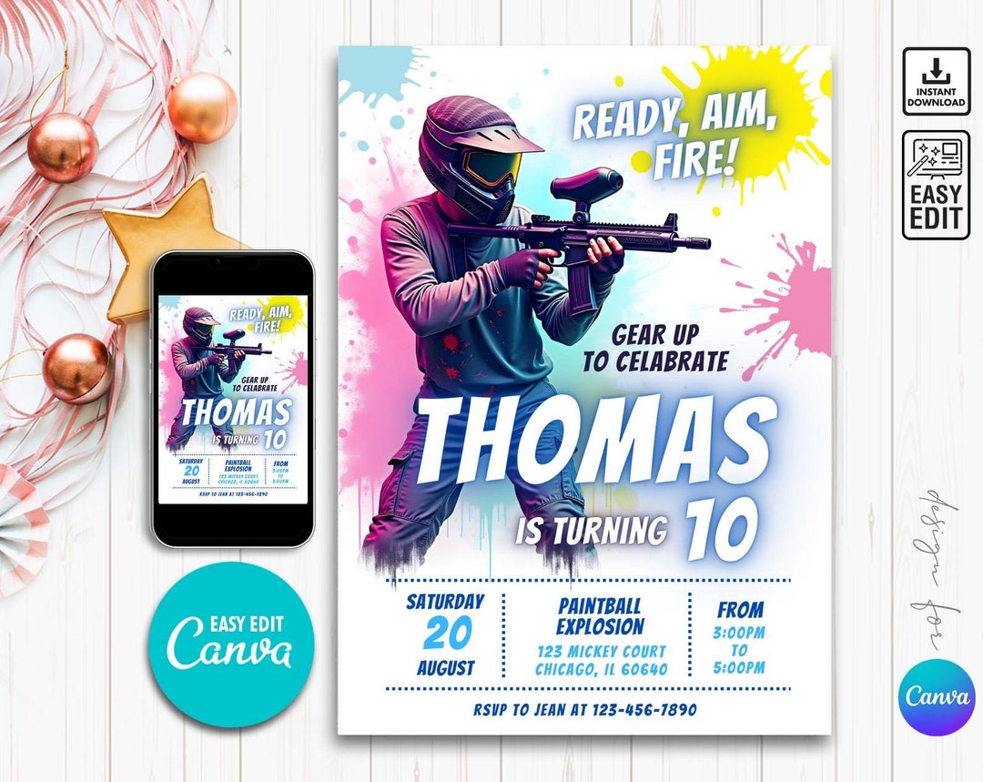 Editable Paintball Birthday Invitation | Printable Boys Party Invite ...