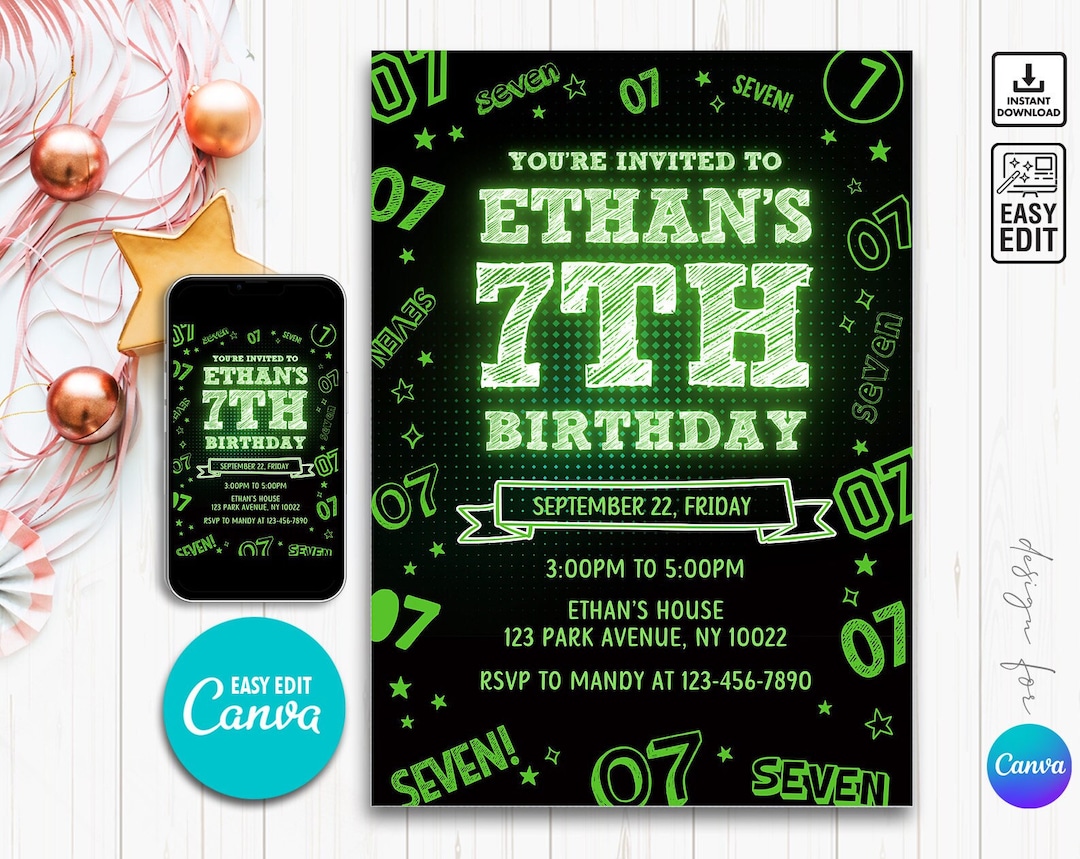 Editable Boy Birthday Invitation, Boy Invitation, 7th Boy Invitation ...