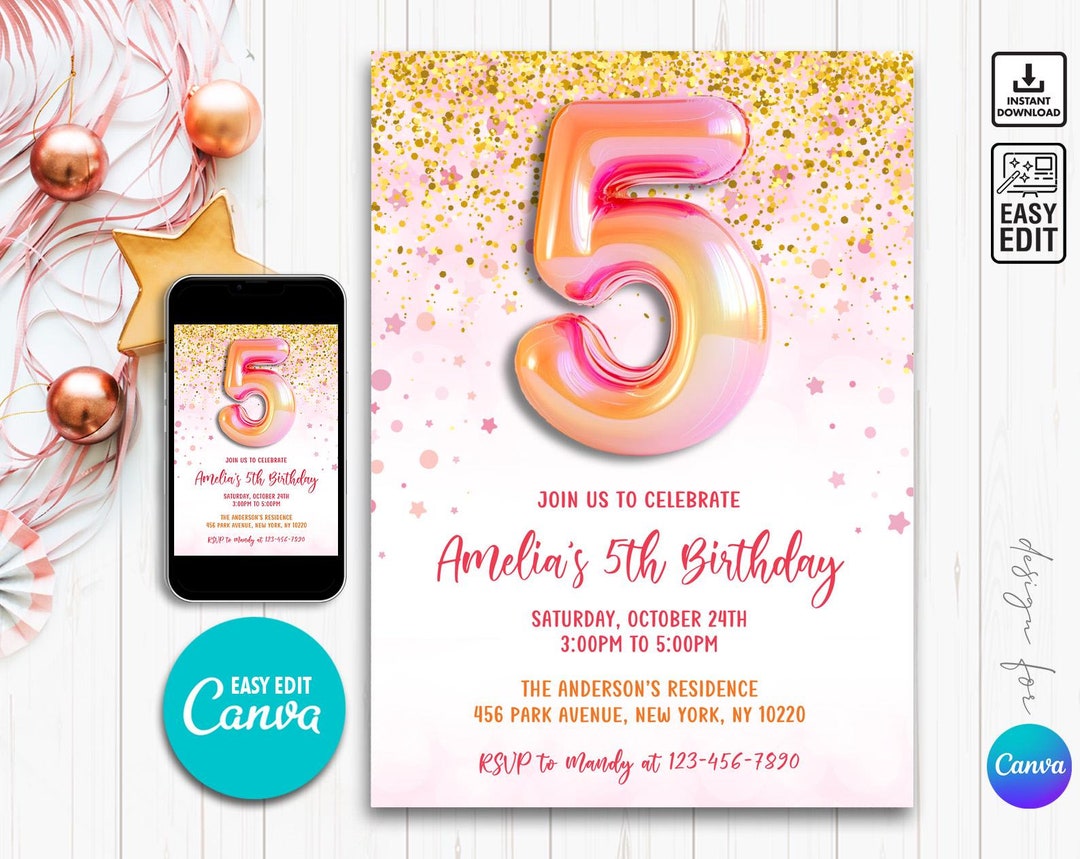 Editable Girl Glitter Birthday Invite 5th Birthday Invitation Template ...