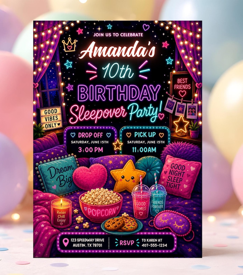 Girls Sleepover Birthday Invite, Sleepover Party Invitation, Slumber ...