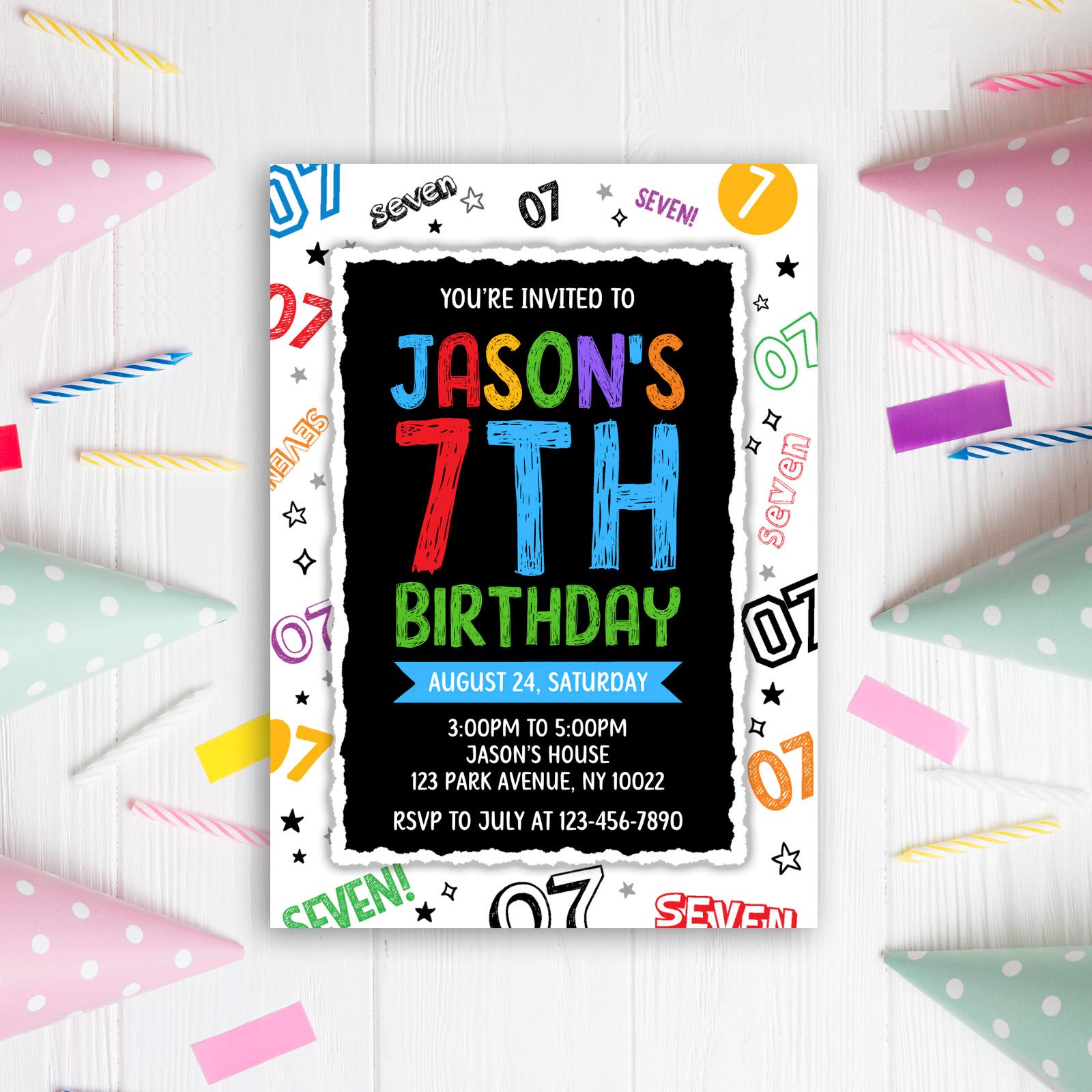 Editable Boy Birthday Invitation, Boy Invitation, 7th Boy Invitation ...