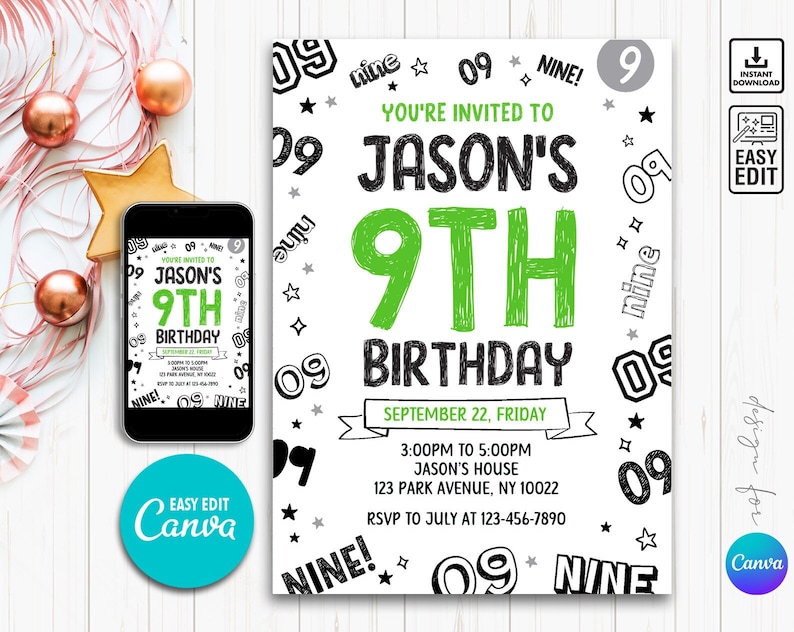 Editable Boy Birthday Invitation, Boy Invitation, 9th Boy Invitation ...