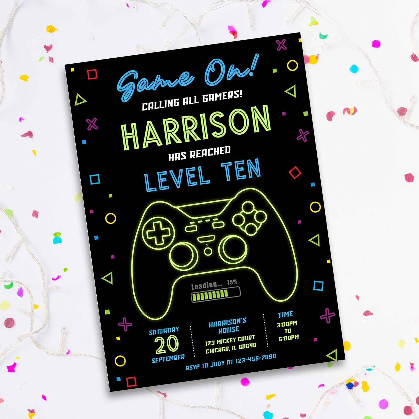 Video Game Birthday Invitation Template, Video Game Invitation, Neon ...