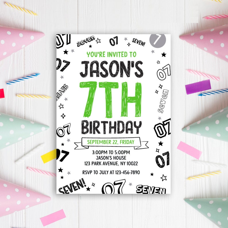 Editable Boy Birthday Invitation, Boy Invitation, 7th Boy Invitation ...