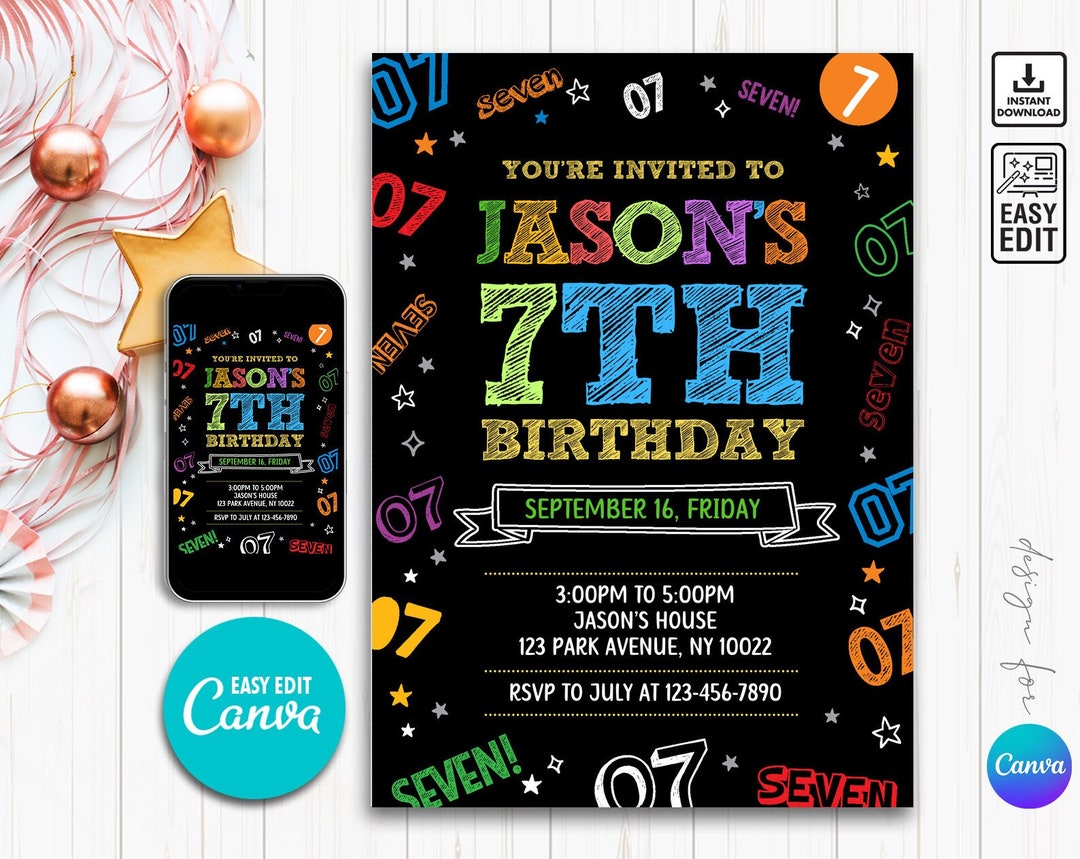 Editable Boy Birthday Invitation, Boy Invitation, 7th Boy Invitation ...