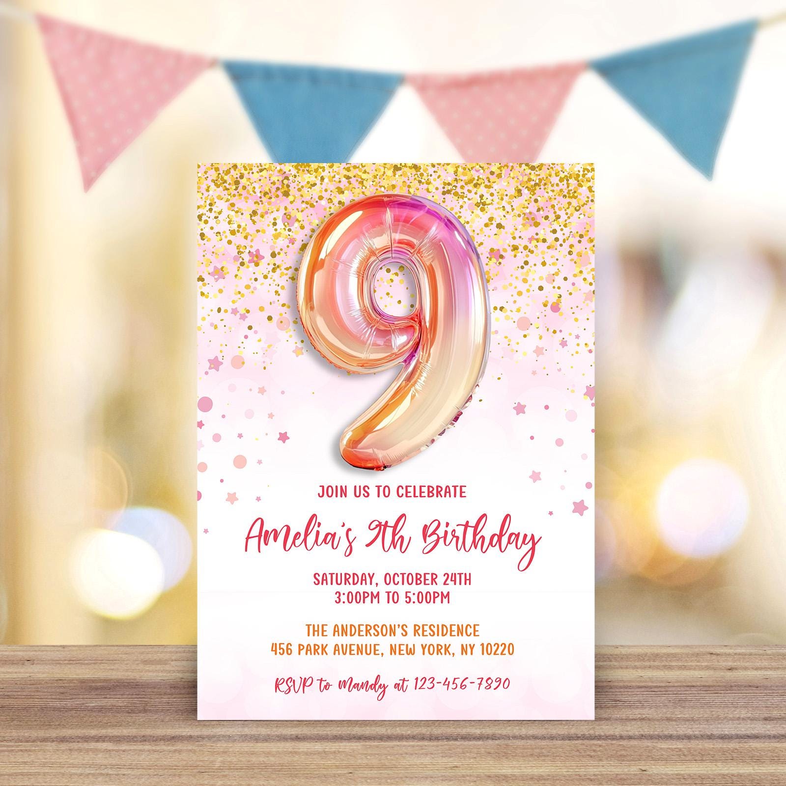 Editable Girl Glitter Birthday Invite 9th Birthday Invitation Template ...