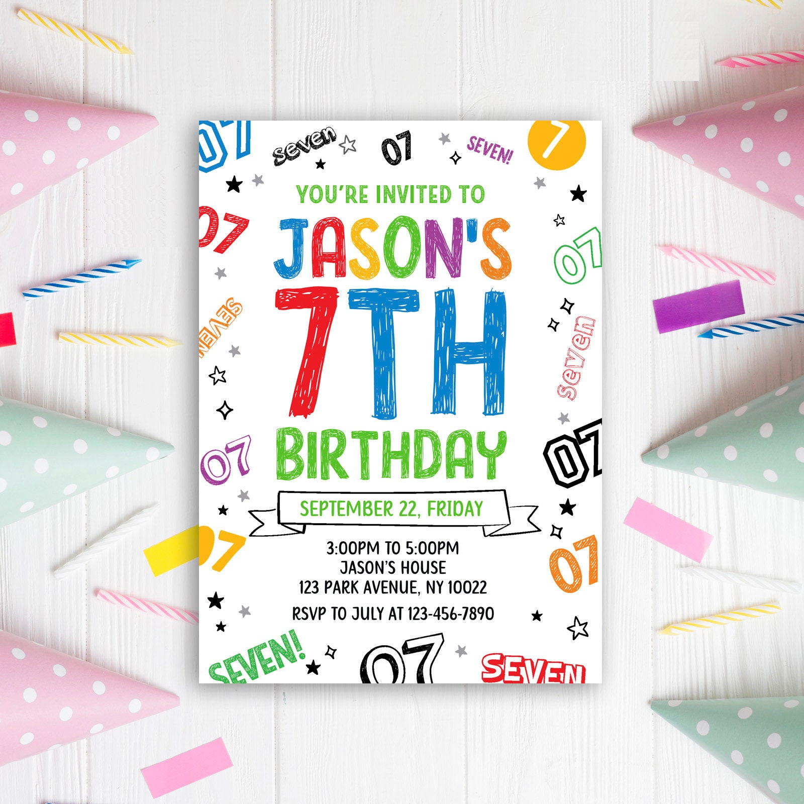 Editable Boy Birthday Invitation, Boy Invitation, 7th Boy Invitation ...