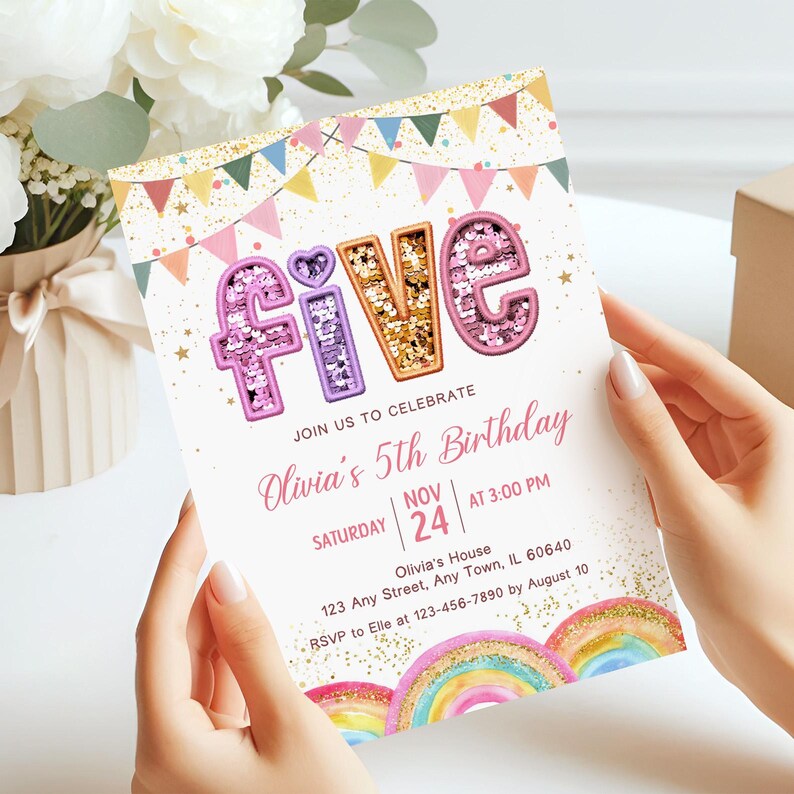 Editable 5th Birthday Invitation Pink, 5th Rainbow Birthday Editable ...