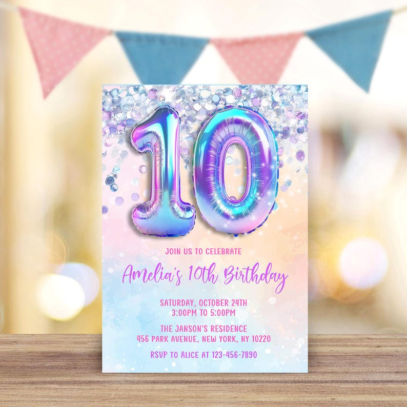 Editable Girl Glitter Birthday Invite 10th Birthday Invitation Template ...