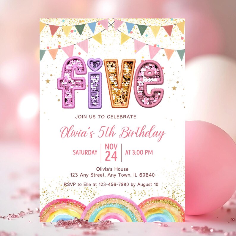 Editable 5th Birthday Invitation Pink, 5th Rainbow Birthday Editable ...