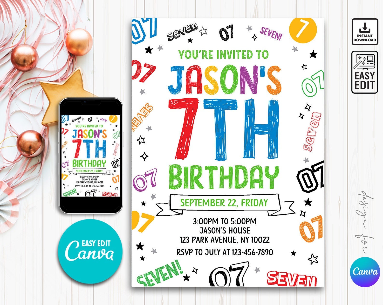 Editable Boy Birthday Invitation, Boy Invitation, 7th Boy Invitation ...