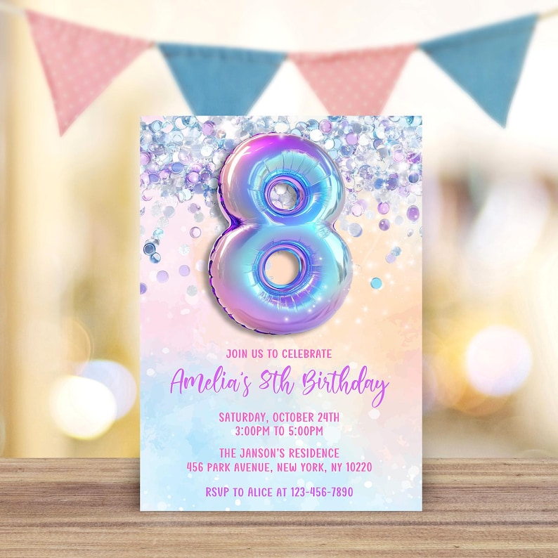 Editable Girl Glitter Birthday Invite 8th Birthday Invitation Template ...