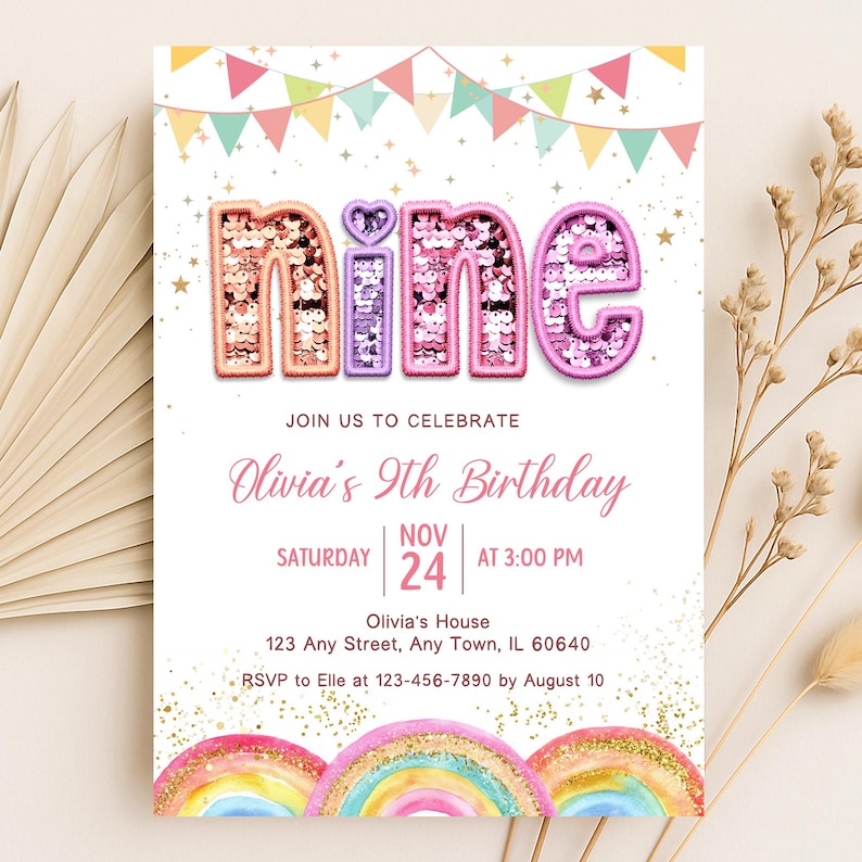 Editable Girl 9th Birthday Invitation, 9th Rainbow Birthday Invite ...
