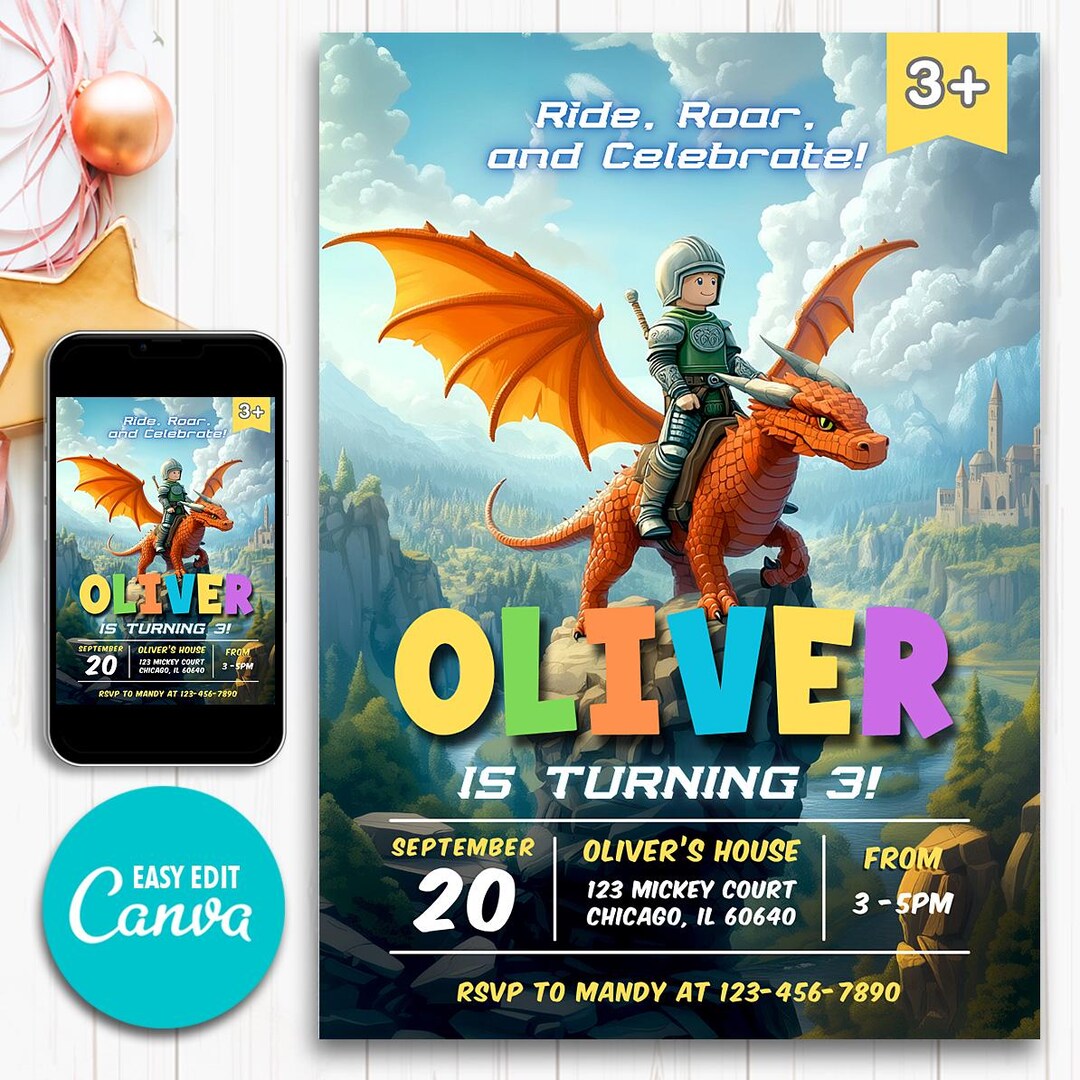 Dragon Rider Birthday Invitation, 3rd Birthday Evite, Knight and Dragon ...