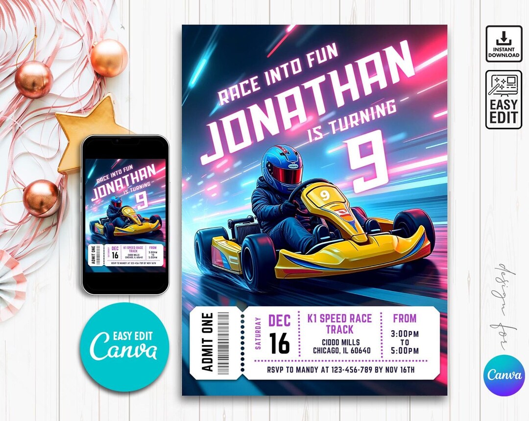 Go Kart Birthday Invitation Template, Boys Birthday Racing Birthday ...