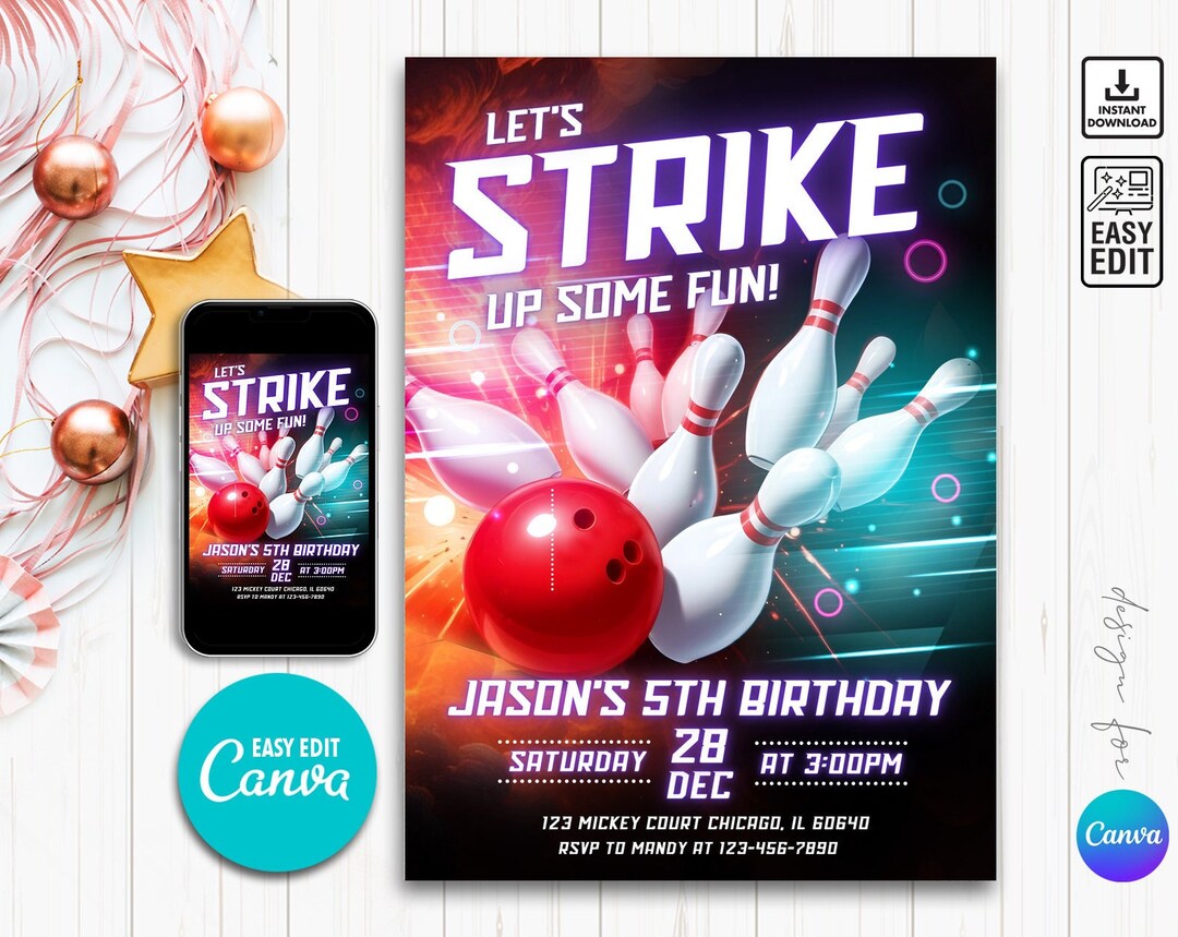 EDITABLE Bowling Party Invitation, Editable Bowling Birthday Invitation ...