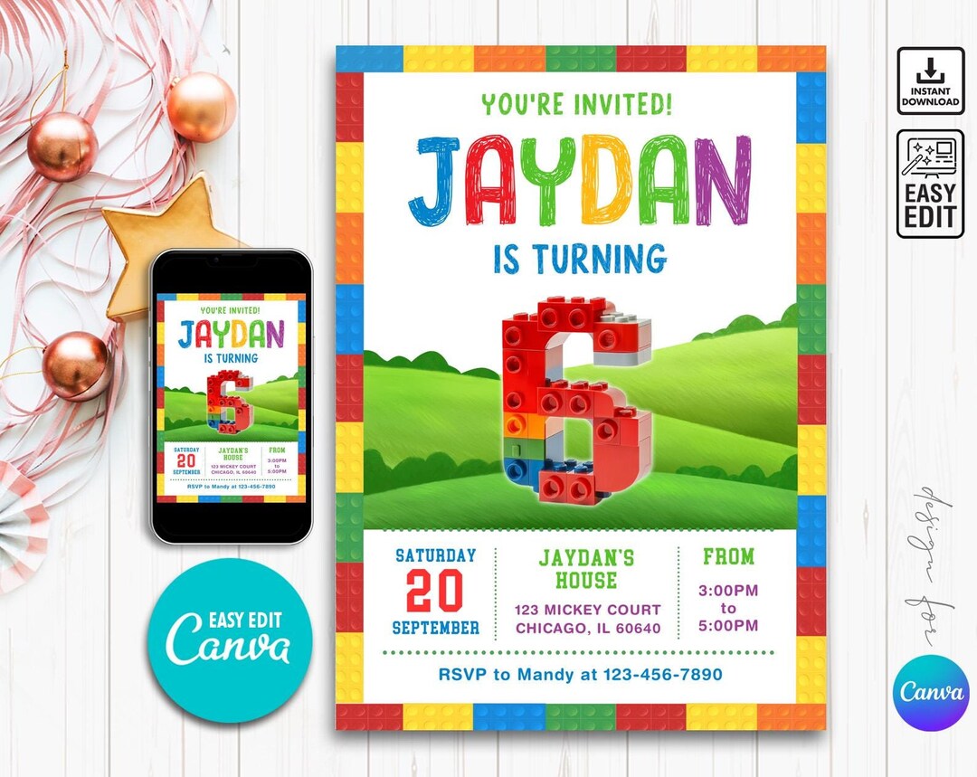 Editable Building Blocks Birthday Invitation, Kid 6th Birthday Party ...
