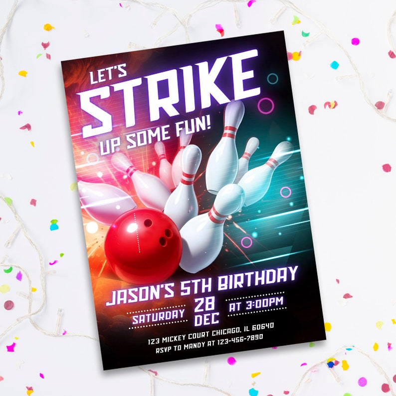 EDITABLE Bowling Party Invitation, Editable Bowling Birthday Invitation ...