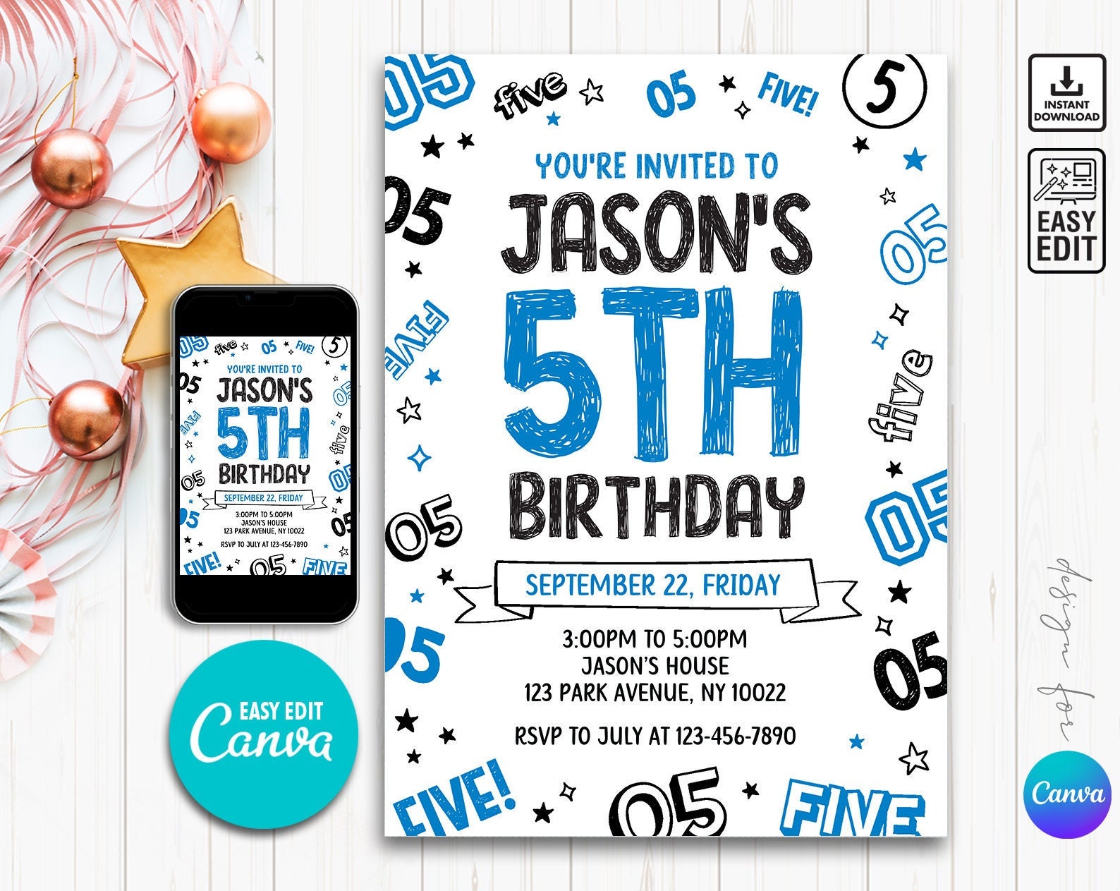 Editable Boy Birthday Invitation, Boy Invitation, 5th Boy Invitation ...