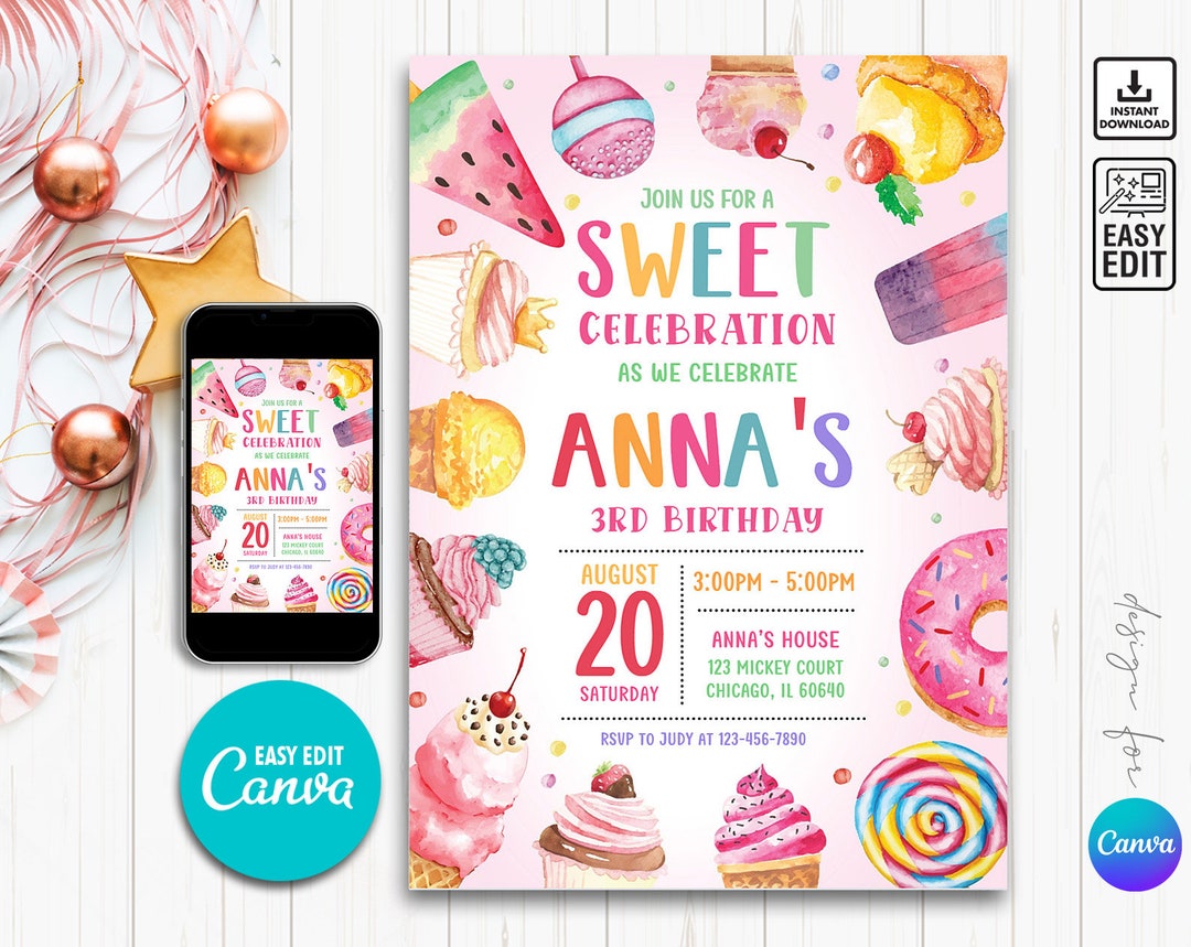 Editable Sweets Candy Birthday Invitation, Sweet Chocolate Celebration ...