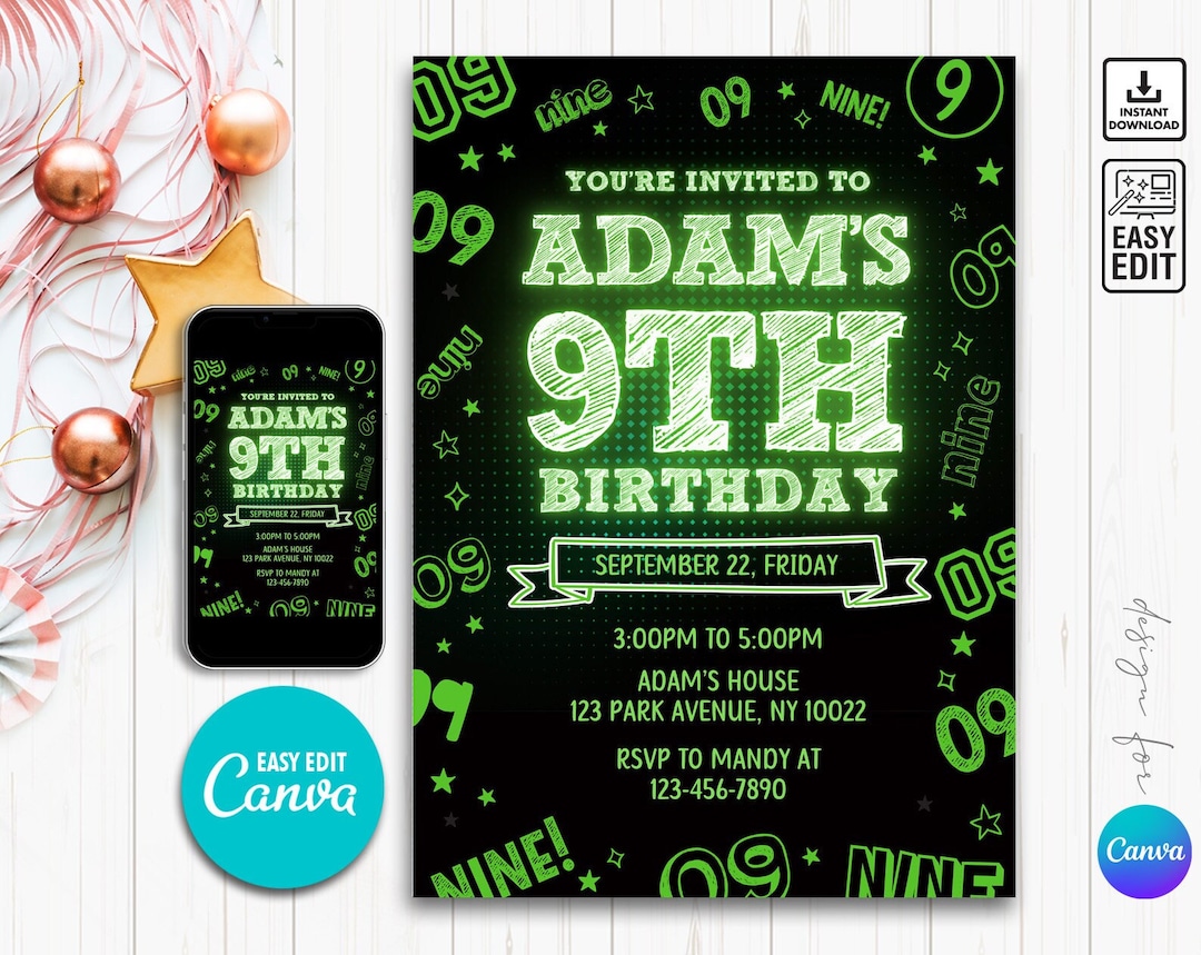 Editable Boy Birthday Invitation, Boy Invitation, 9th Boy Invitation ...