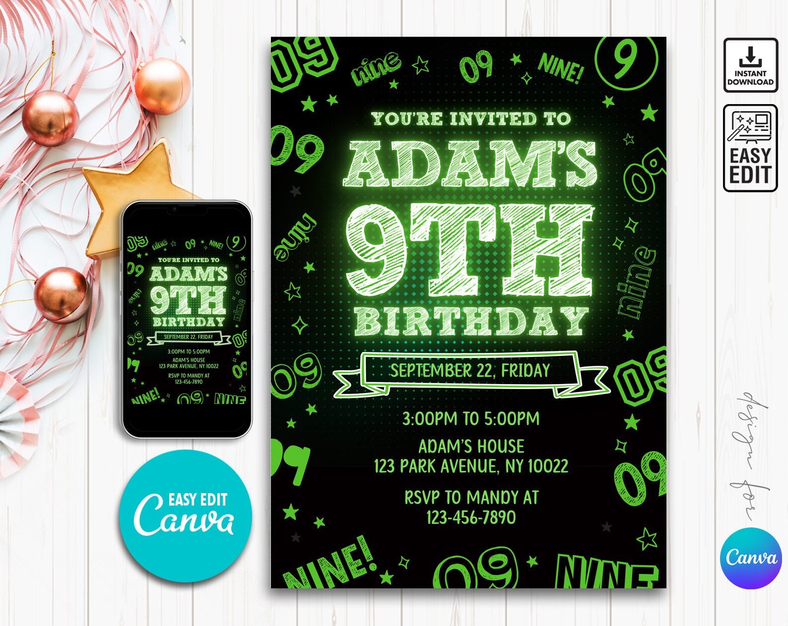 Editable Boy Birthday Invitation, Boy Invitation, 9th Boy Invitation ...