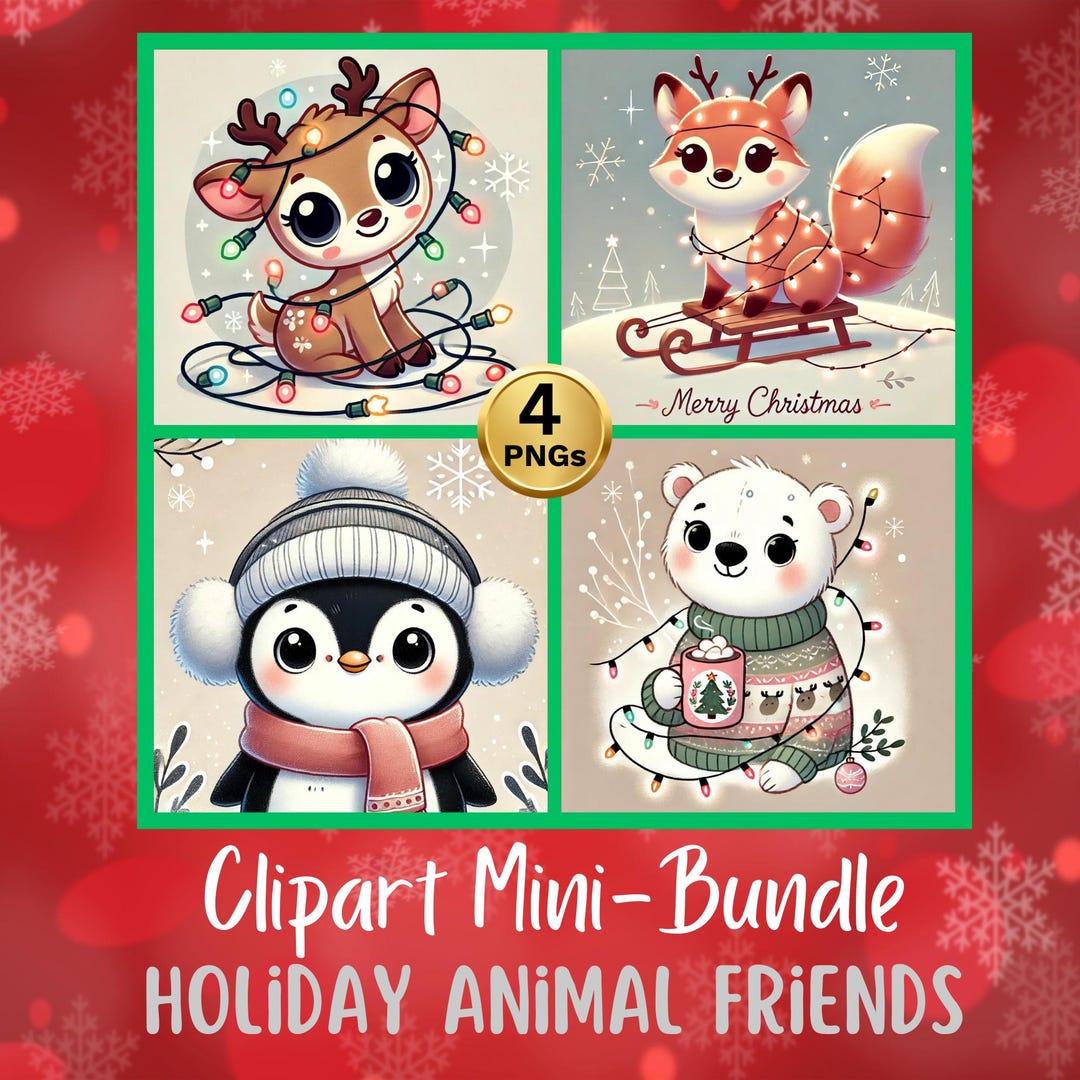 Holiday Animal Friends Clipart Bundle | 4 PNG Files | Festive Animal ...
