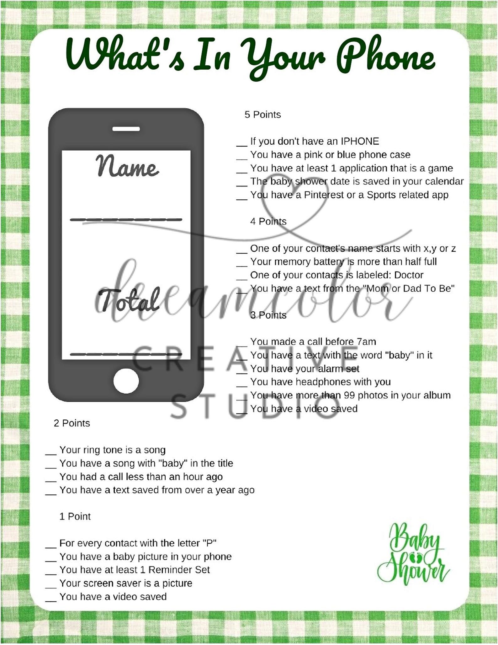 14 Green Gender Neutral Baby Shower Games Green Check Pattern Printable ...