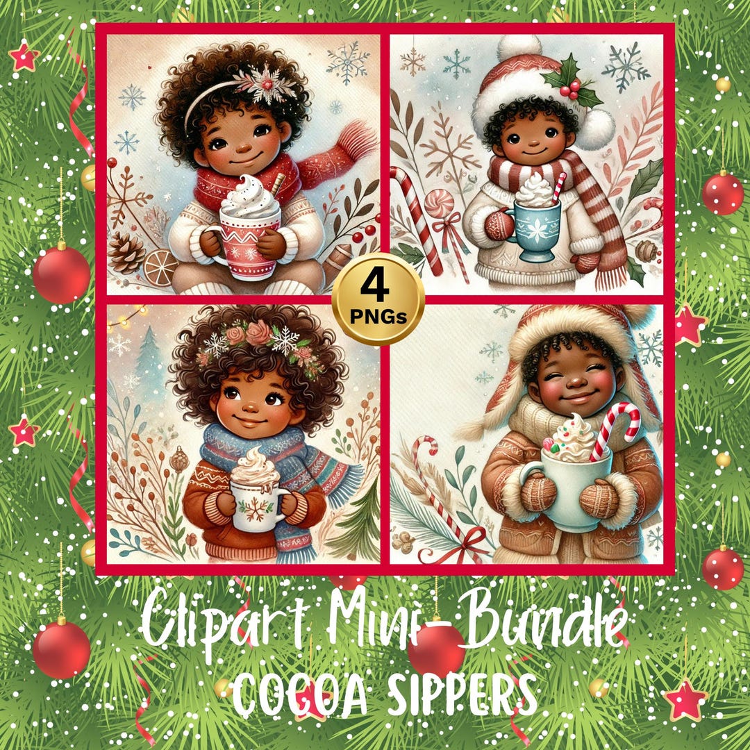 African American Christmas Kids Clipart Bundle | Cocoa Sippers (4 PNG ...