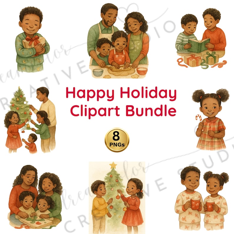 African American Christmas Clipart | Vintage Watercolor PNG Set ...