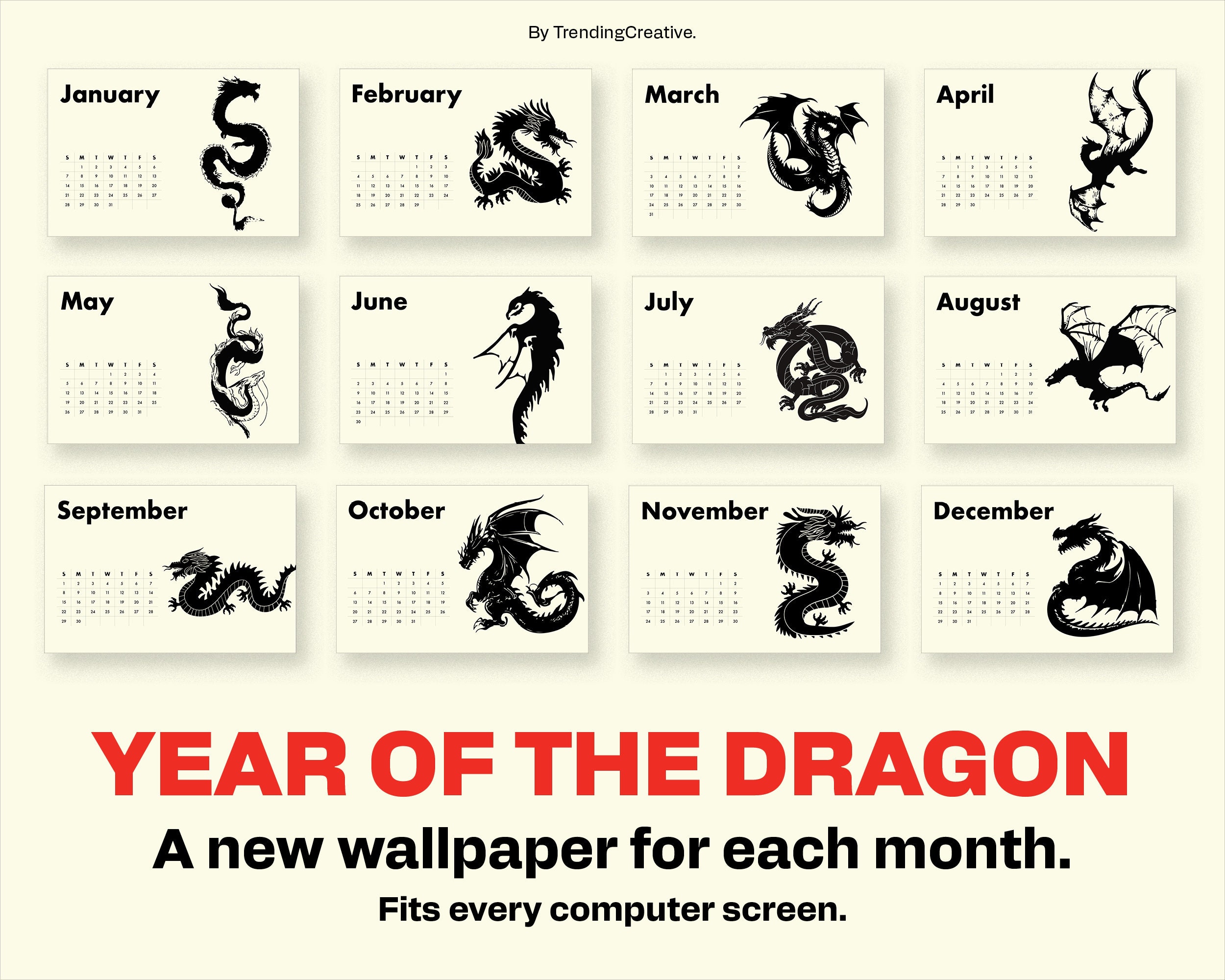2024 Year of the Dragon Desktop Background Ink Dragon Monthly Calendar ...