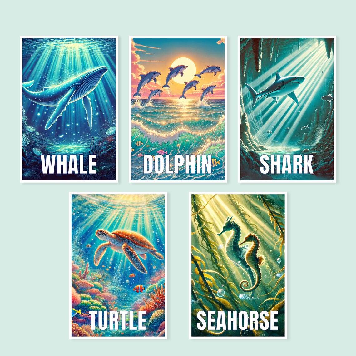 Ocean Animal Postcards Set - Cute Animals in Nature | Dolphin, Whale ...