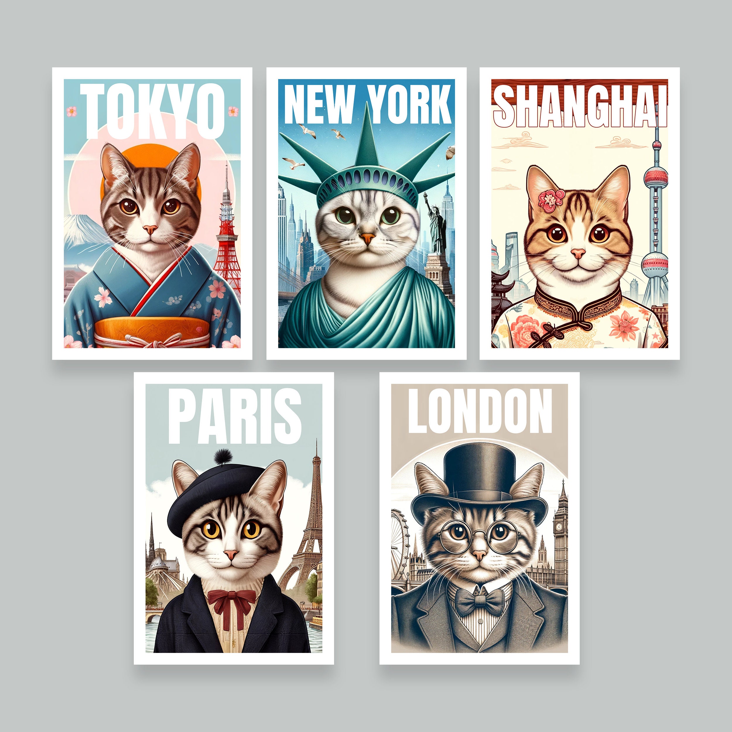 Cat Postcards Set - Cute Cats in Iconic City Outfits | Tokyo, Shanghai ...