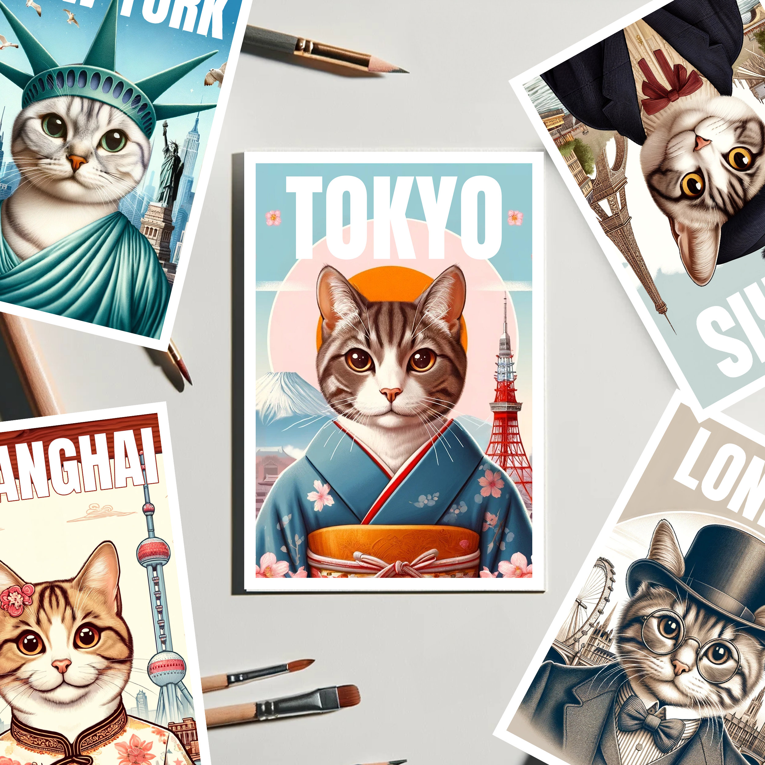 Cat Postcards Set - Cute Cats in Iconic City Outfits | Tokyo, Shanghai ...