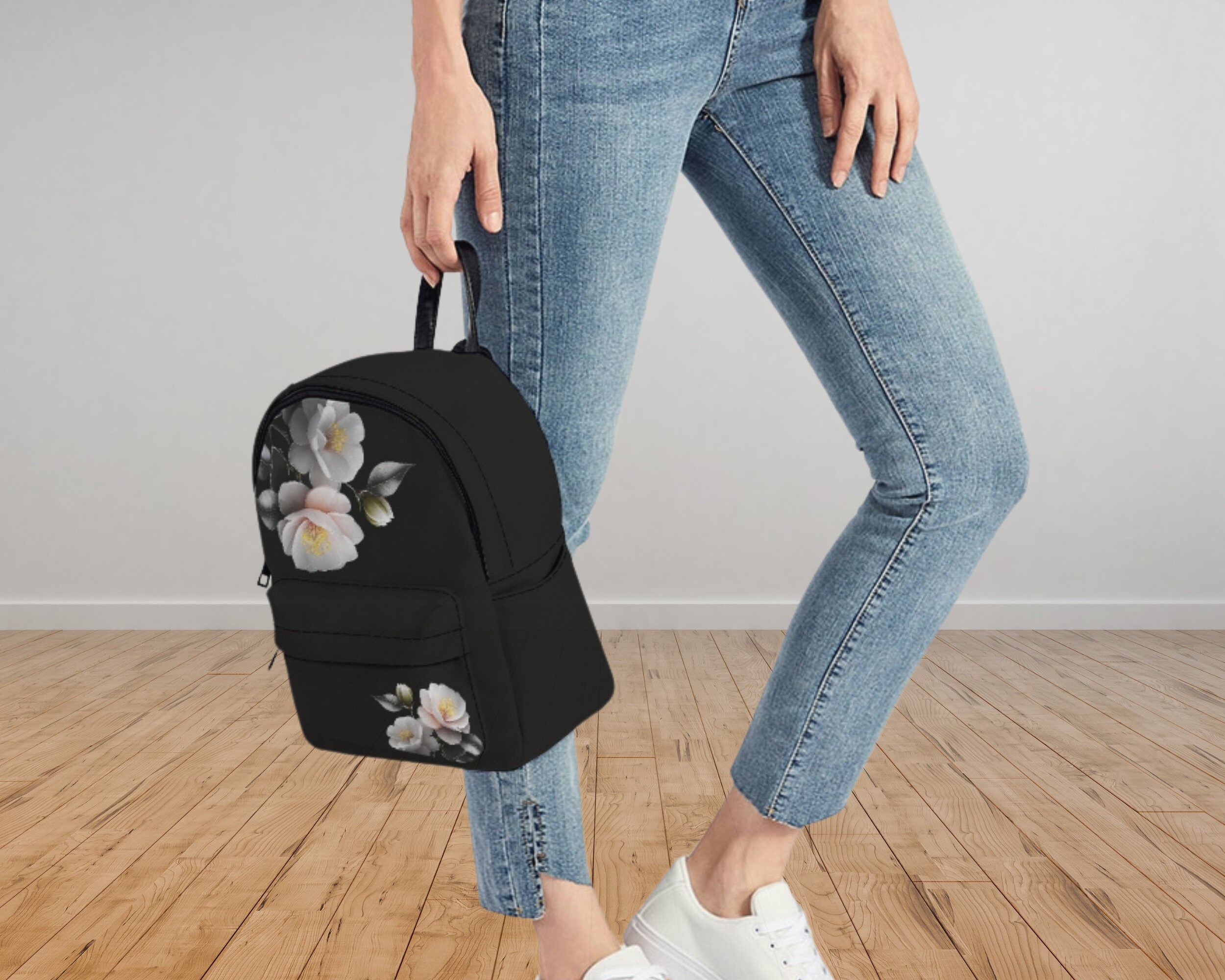 Mini Backpack, White Camellias Purse, Vegan Leather Backpack, Small Bag ...