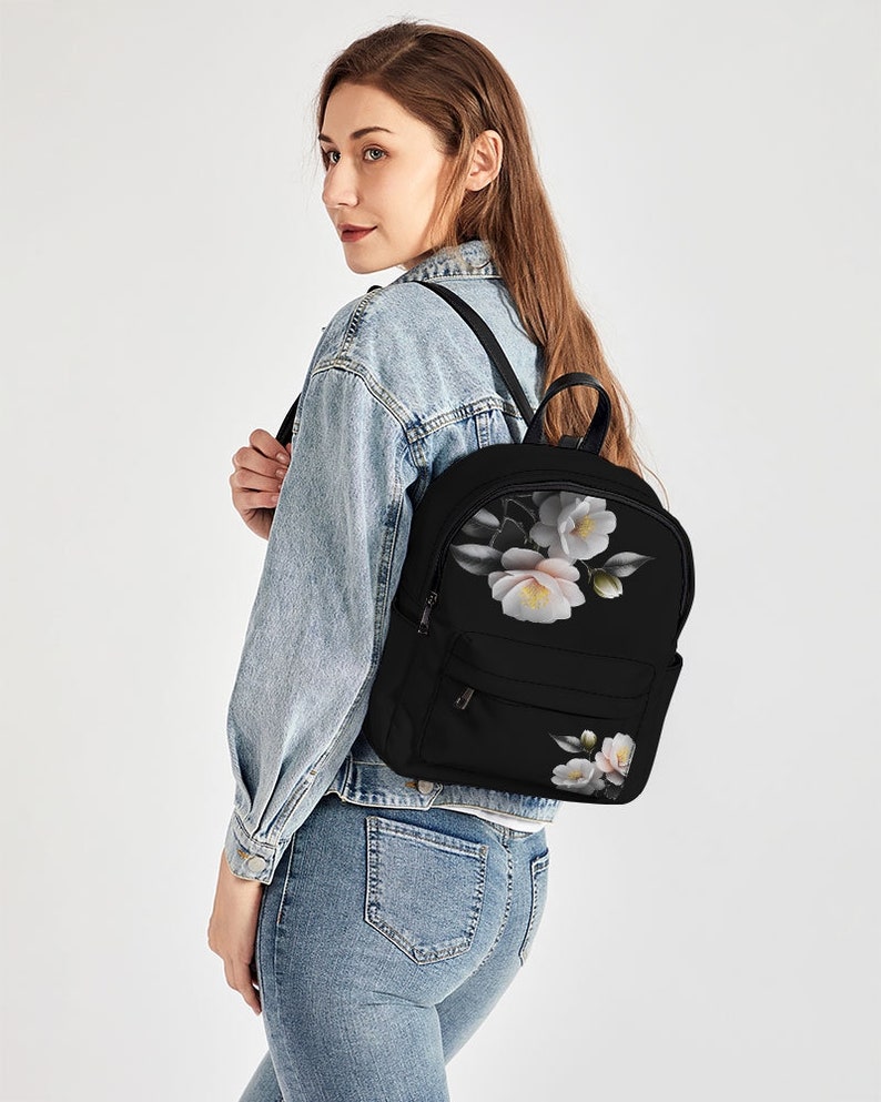 Mini Backpack, White Camellias Purse, Vegan Leather Backpack, Small Bag ...