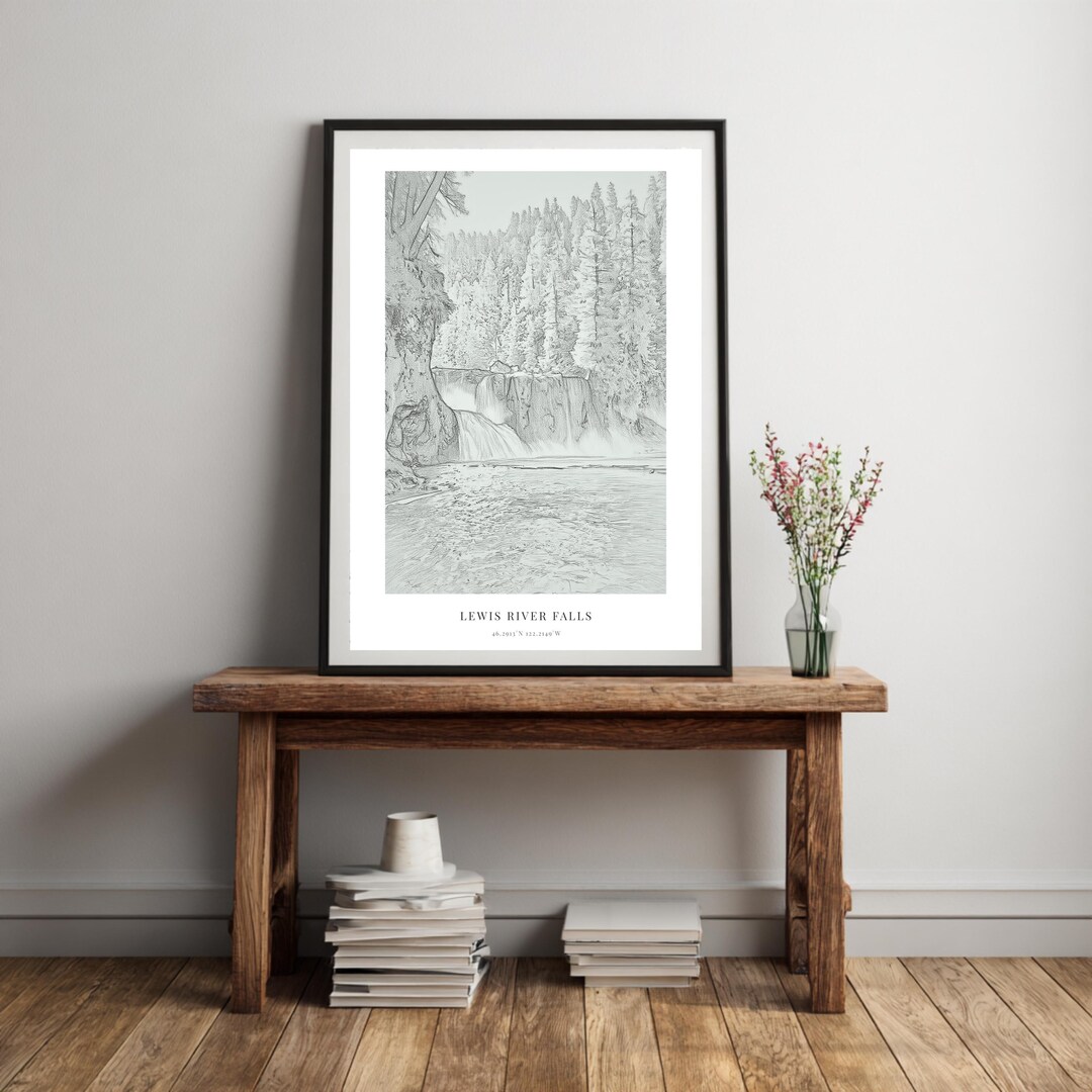 Upper Lewis River Falls Sketch Print, Minimalist Washington Landscape ...