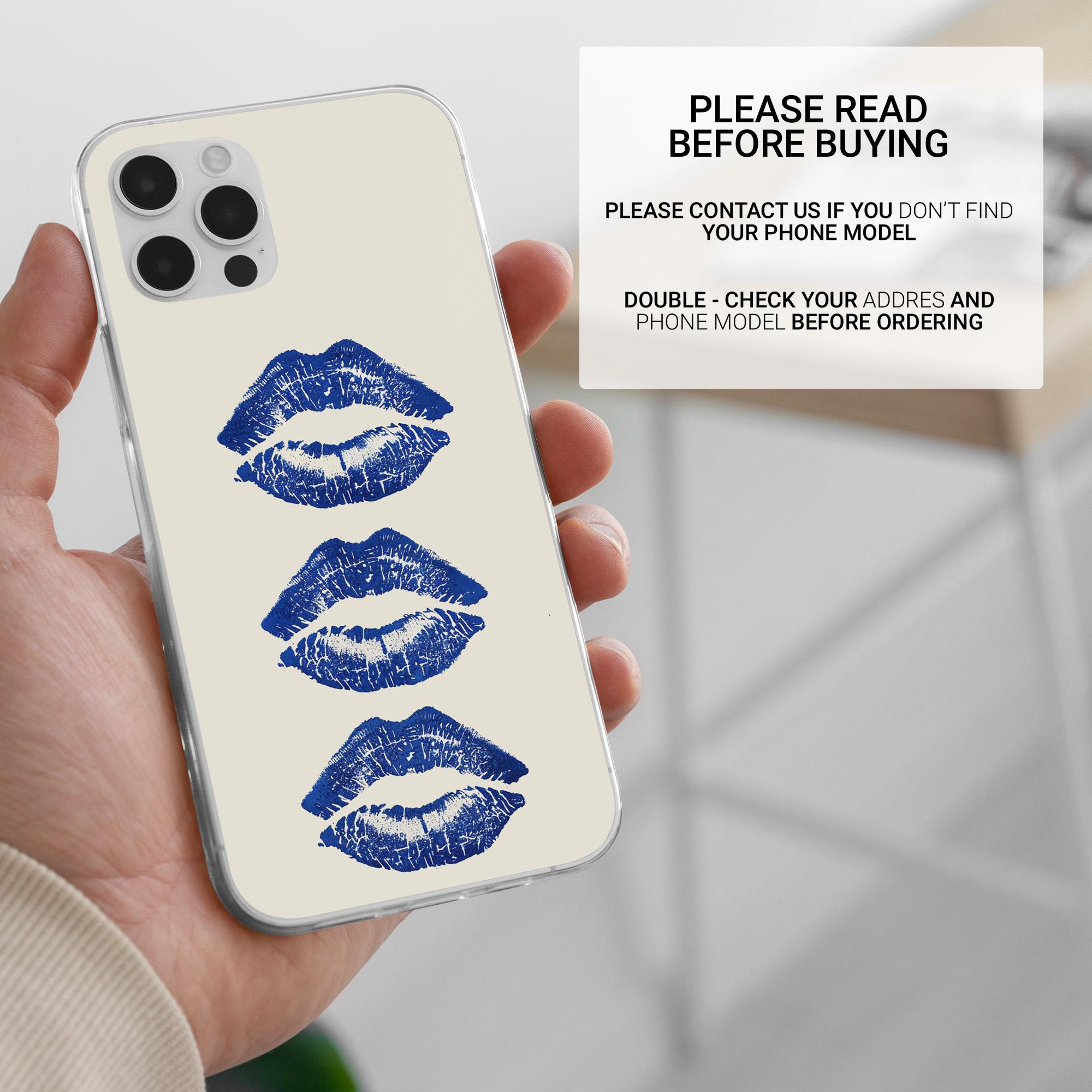 Navy Blue Phone Case Kiss Mark White Bows Dark Stars Cover for iPhone ...