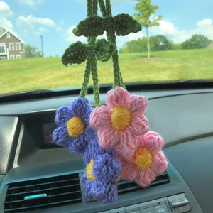 Crochet Puff Flower, Crochet Rearview Mirror Accessory, Crochet Flower ...