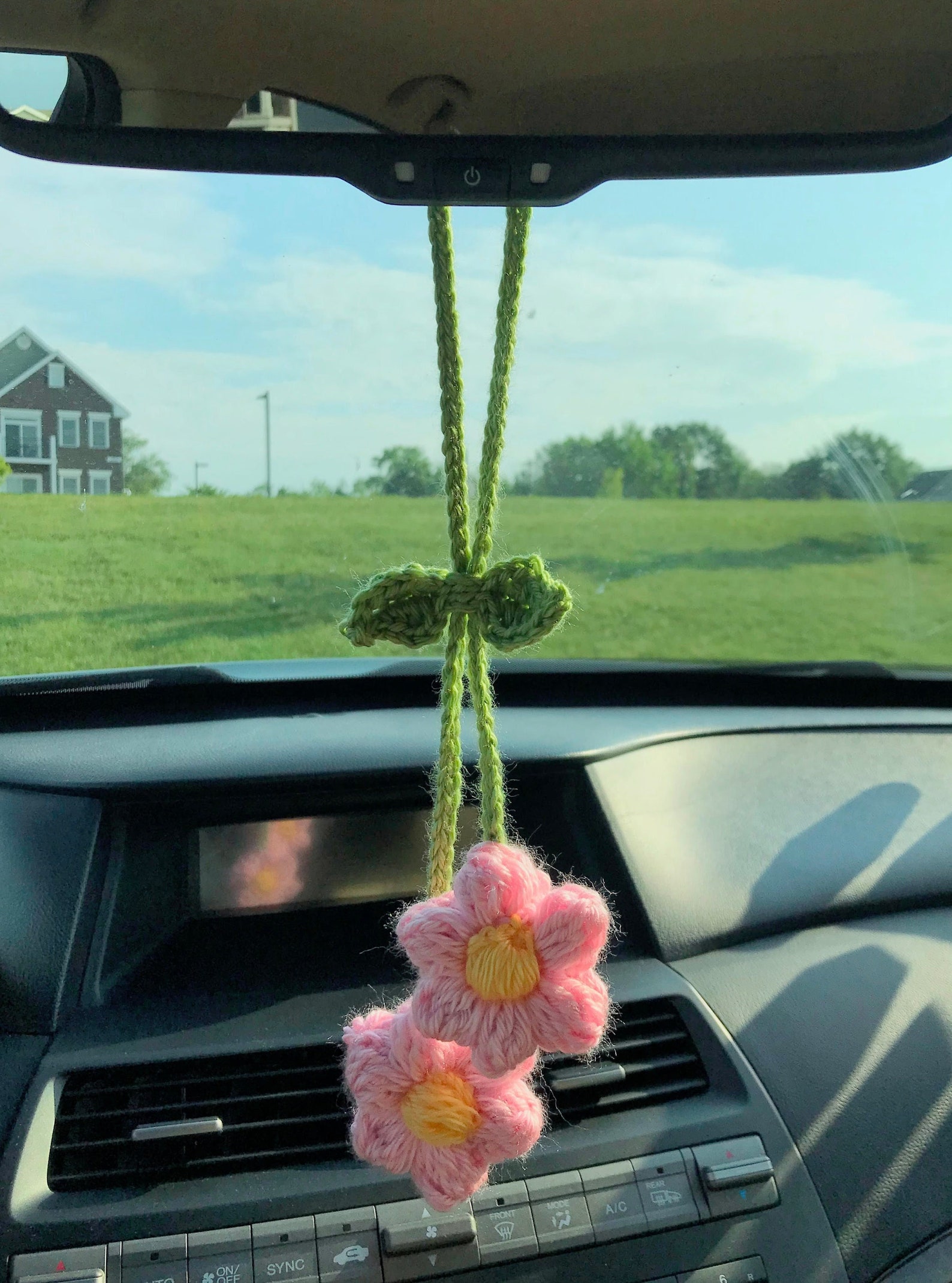 Crochet Puff Flower, Crochet Rearview Mirror Accessory, Crochet Flower ...