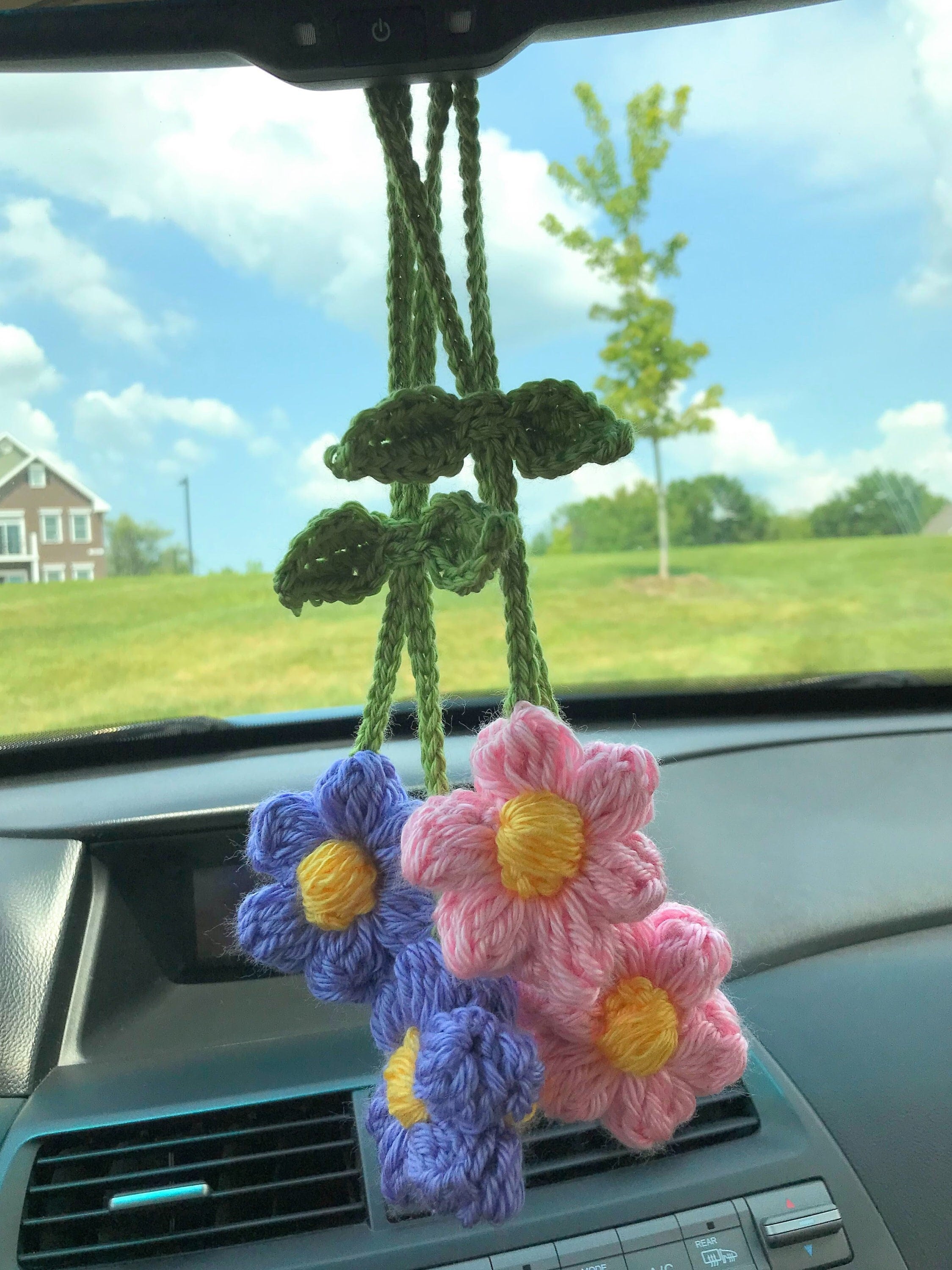 Crochet Puff Flower, Crochet Rearview Mirror Accessory, Crochet Flower ...