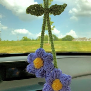 Crochet Puff Flower, Crochet Rearview Mirror Accessory, Crochet Flower ...
