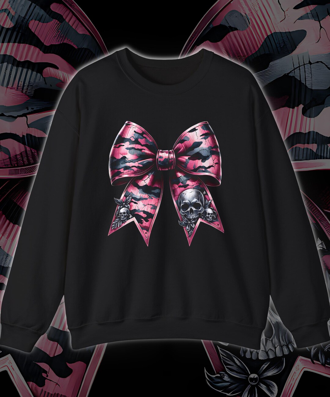 Pink Bow Skull Crewneck Sweatshirt, Skull Sweatshirt, Pink Camo, Skull ...