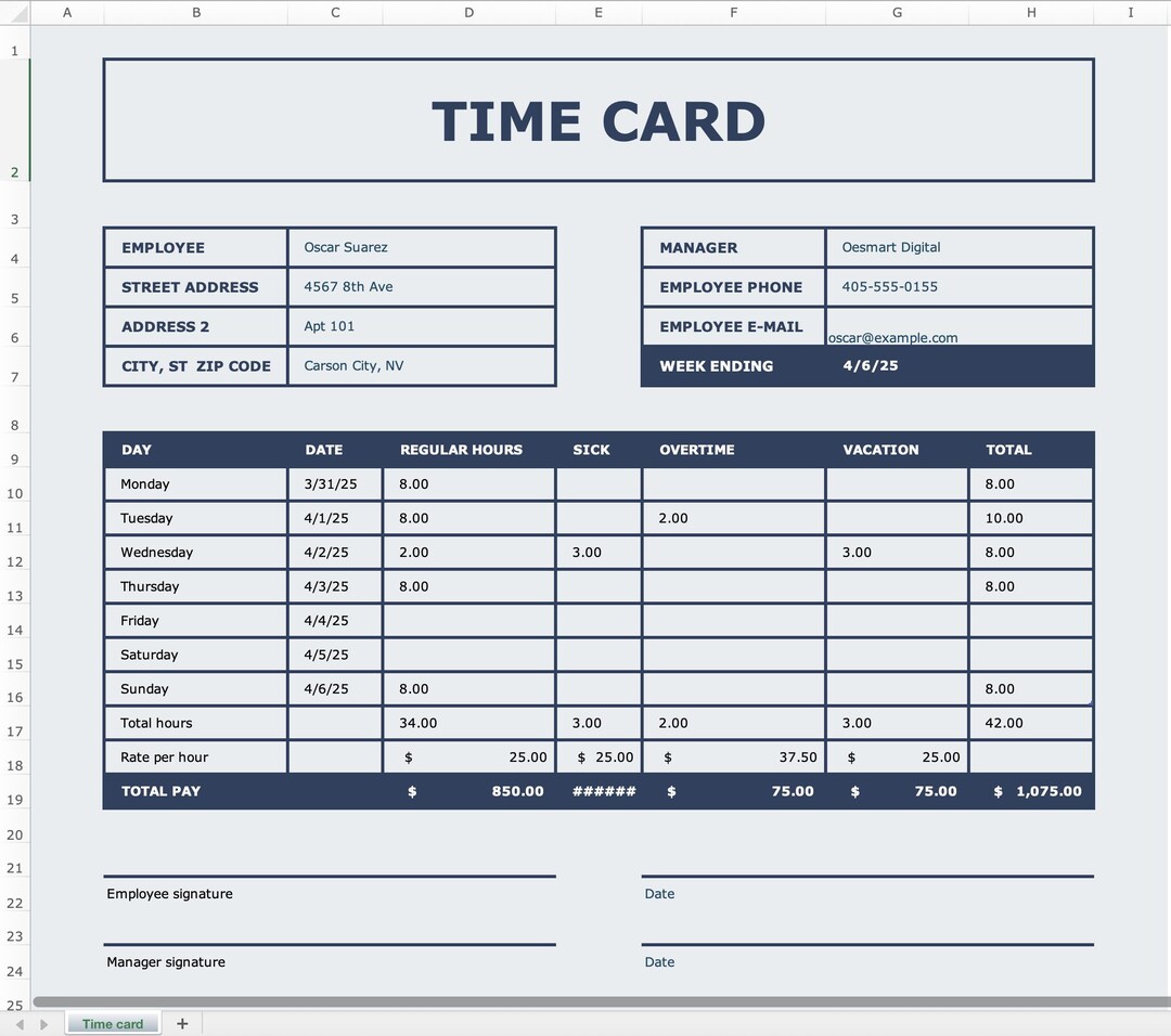 Employee Time Card Template | Excel Work Hours Tracker for Payroll ...