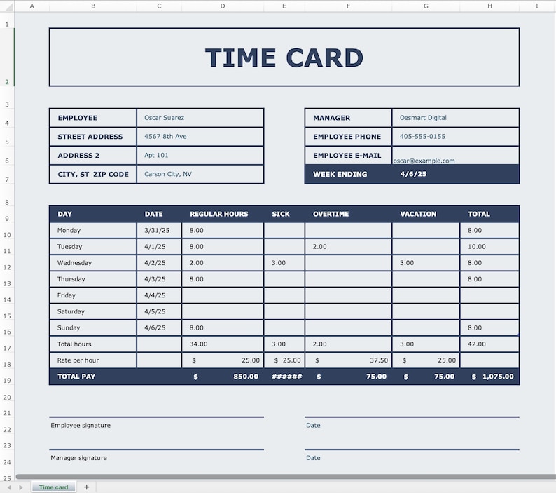 Employee Time Card Template – Track Work Hours, Calculate Pay, and ...