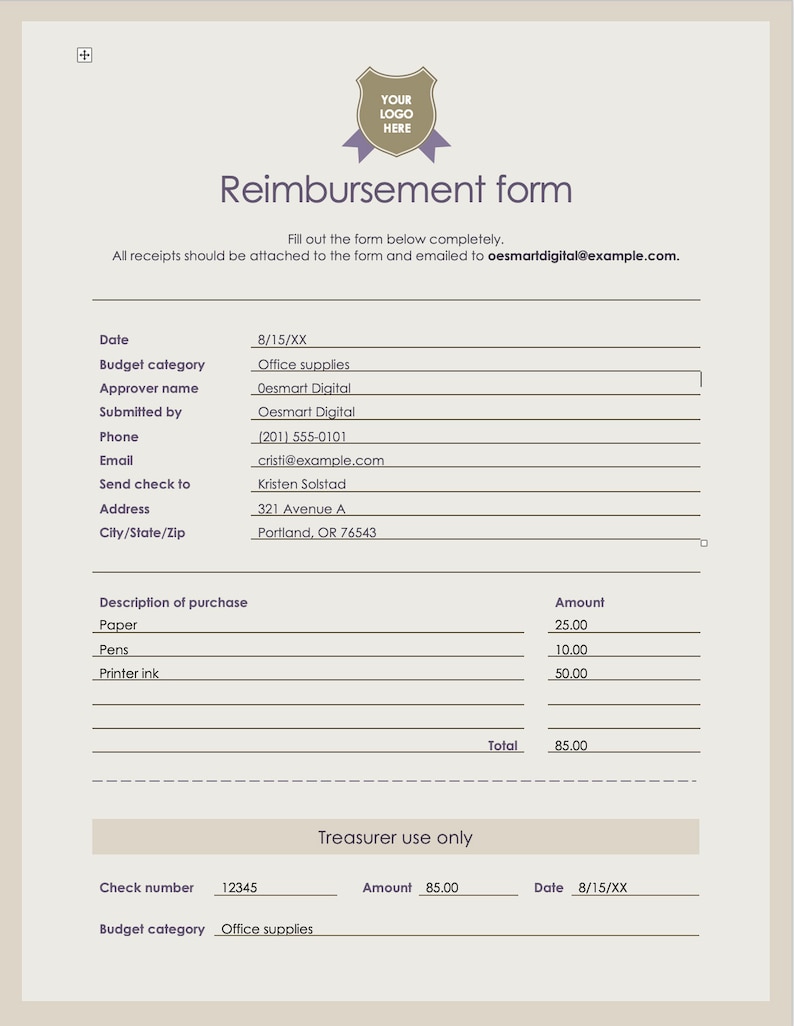 Reimbursement Form Template | Expense Tracking Word Document | Editable ...