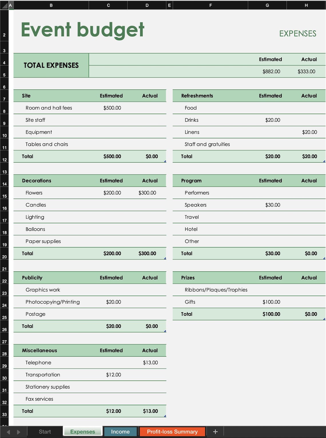 Event Budget Spreadsheet Excel | Editable Template for Business or ...