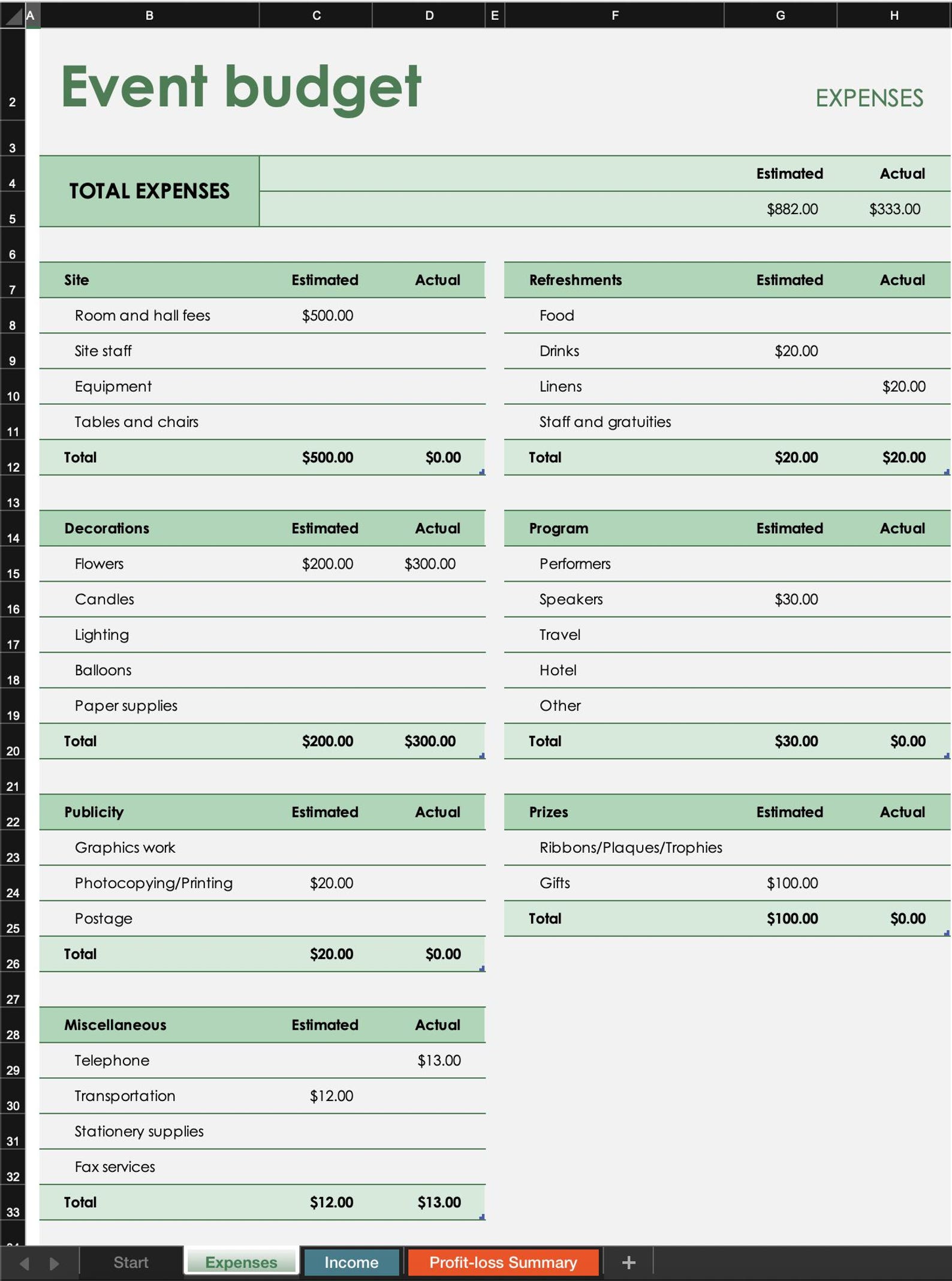 Event Budget Spreadsheet Excel | Editable Template for Business or ...