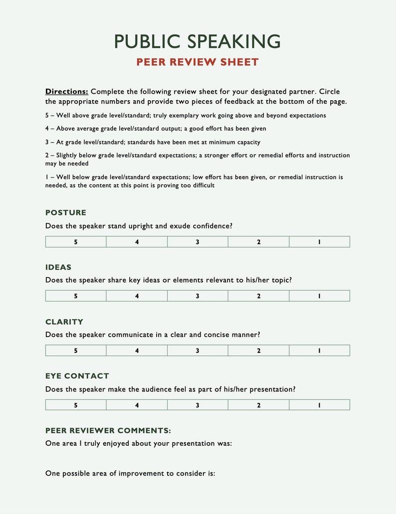 Public Speaking Peer Review Template | Student Presentation Feedback ...